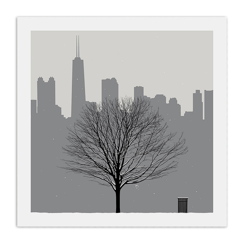 Chicago Skyline with Winter Tree 23" x 23" Screen Print – Neighborly